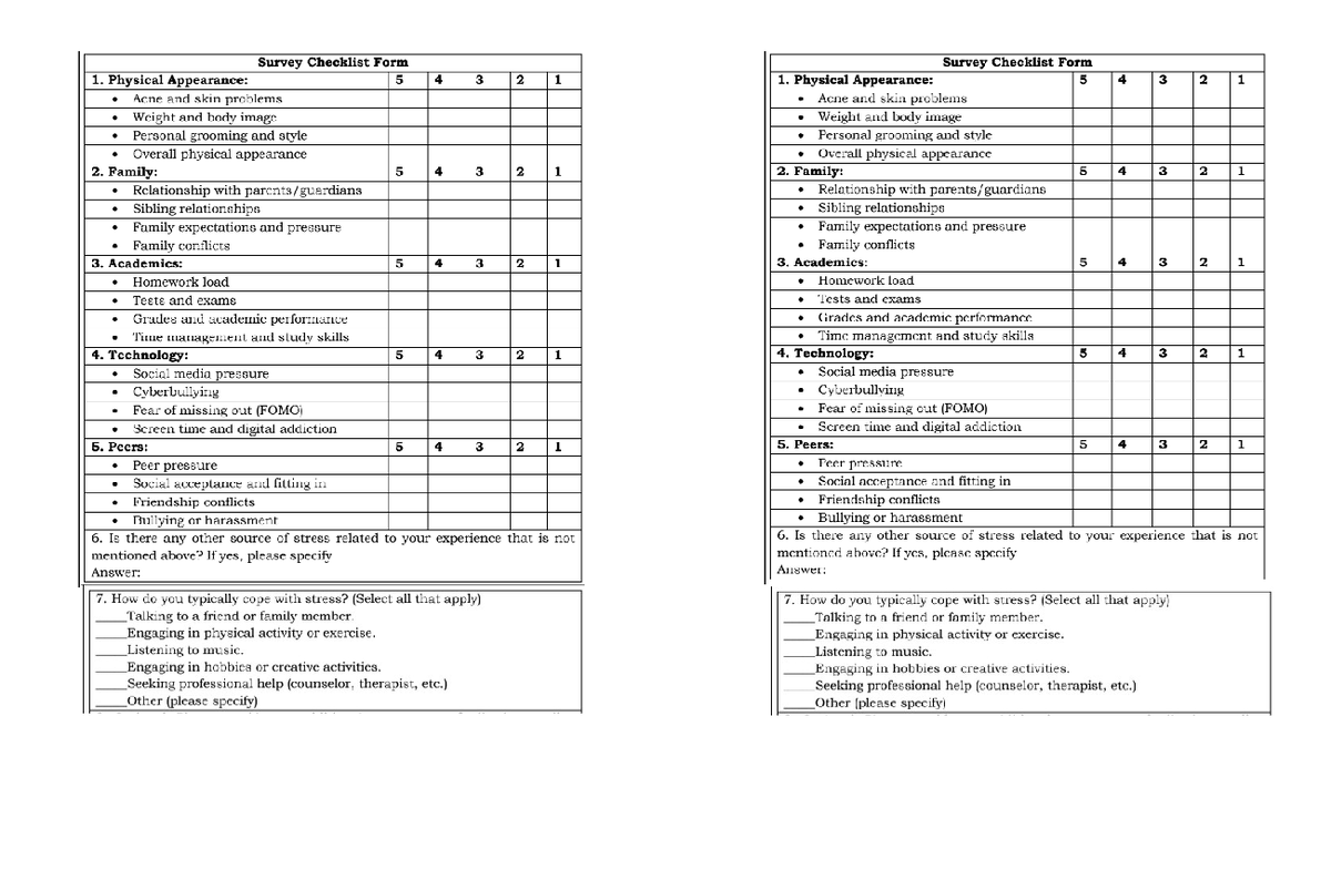 PE - MATATAG Grade 7 resource - Survey Checklist Form Survey Checklist Form 1. Physical ...