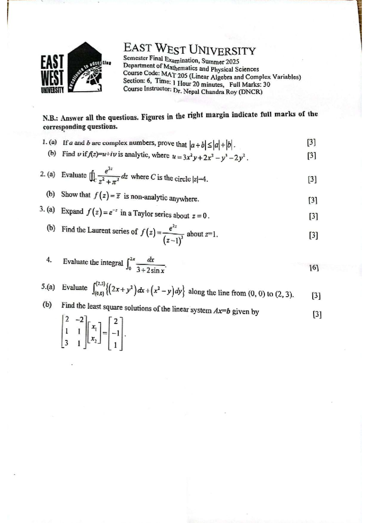 MAT 205 Final Exam: Linear Algebra & Complex Variables - Summer 2025 ...