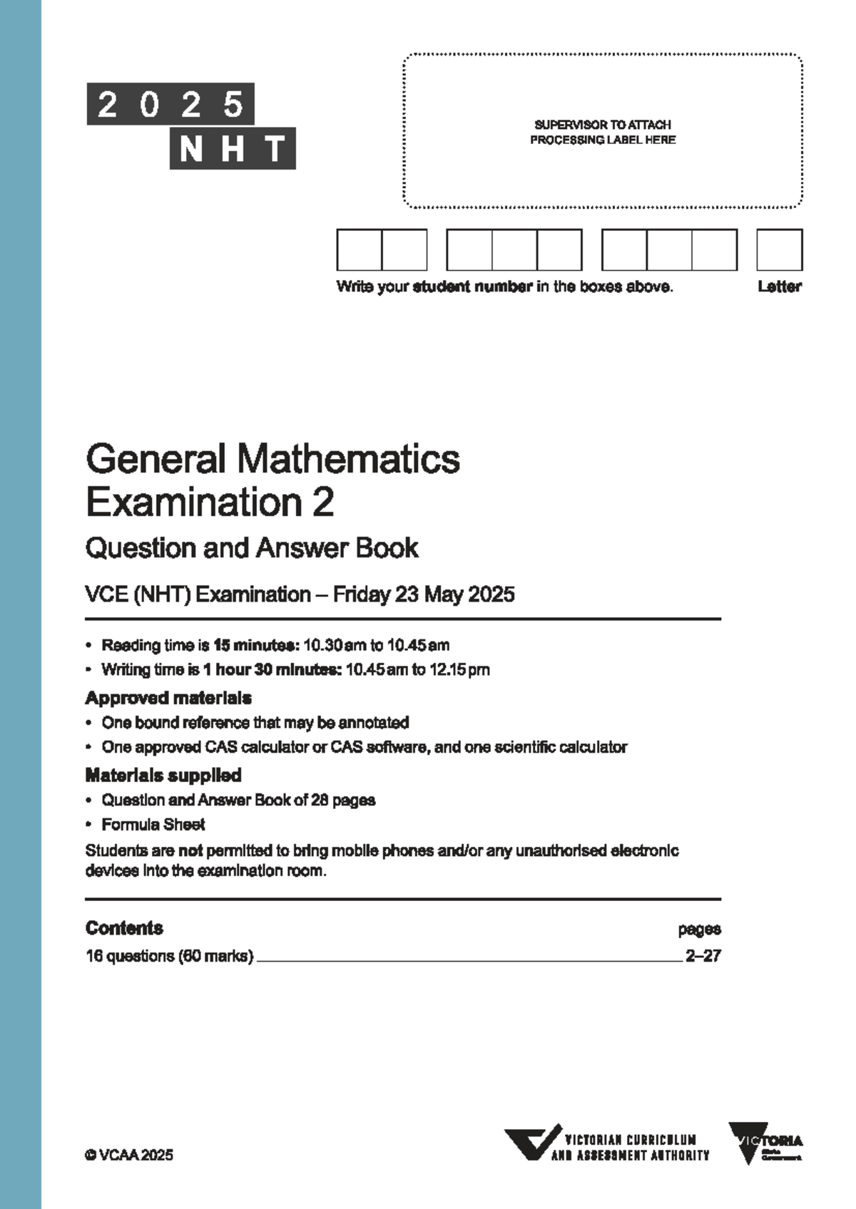 2025 VCE (NHT) General Mathematics Exam 2 Question & Answer Book - Studocu
