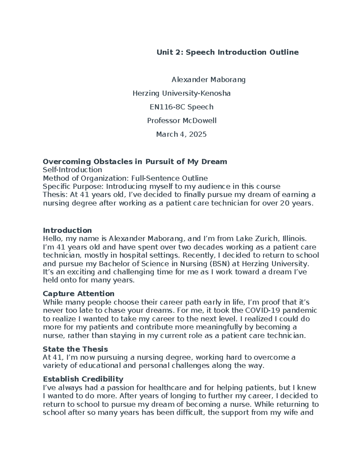 Unit 2: Speech Outline on Overcoming Obstacles in Pursuit of Nursing ...
