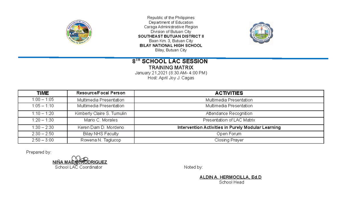 Training Matrix for LAC Session 2 - Bilay NHS - Jan 21, 2021 - Studocu