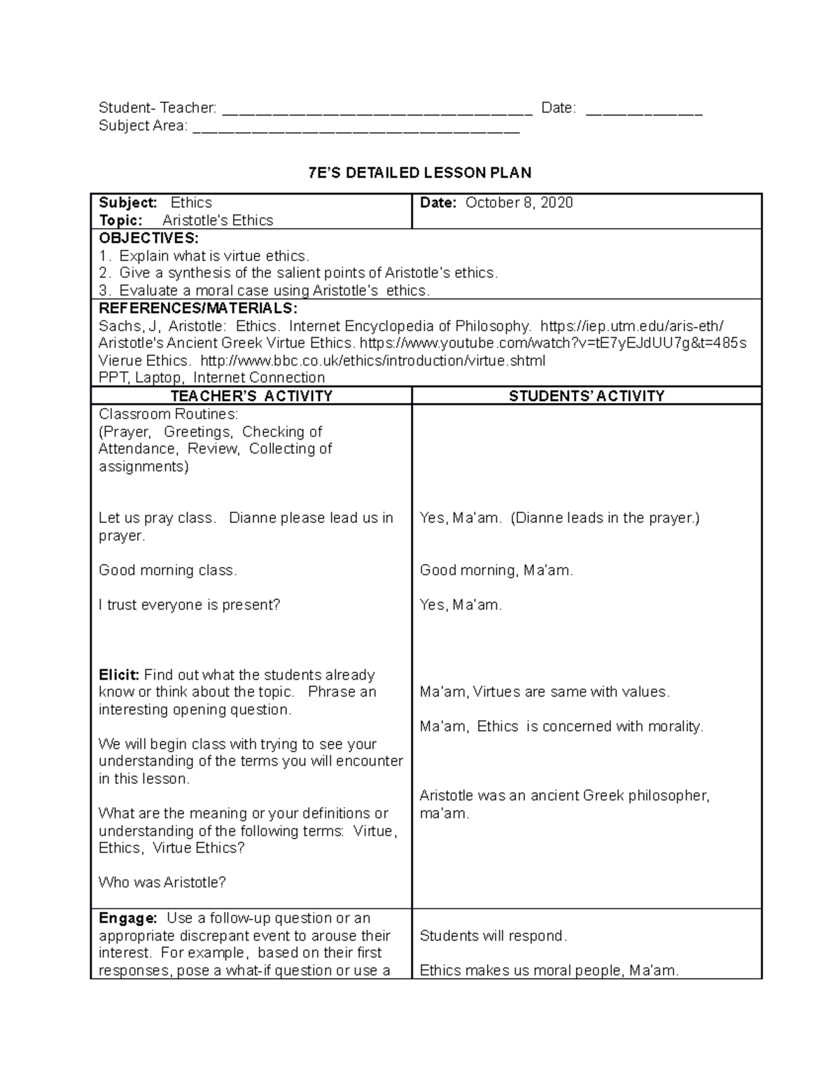 7E Aristotle's Ethics Detailed Lesson Plan for Teaching Ethics - Studocu