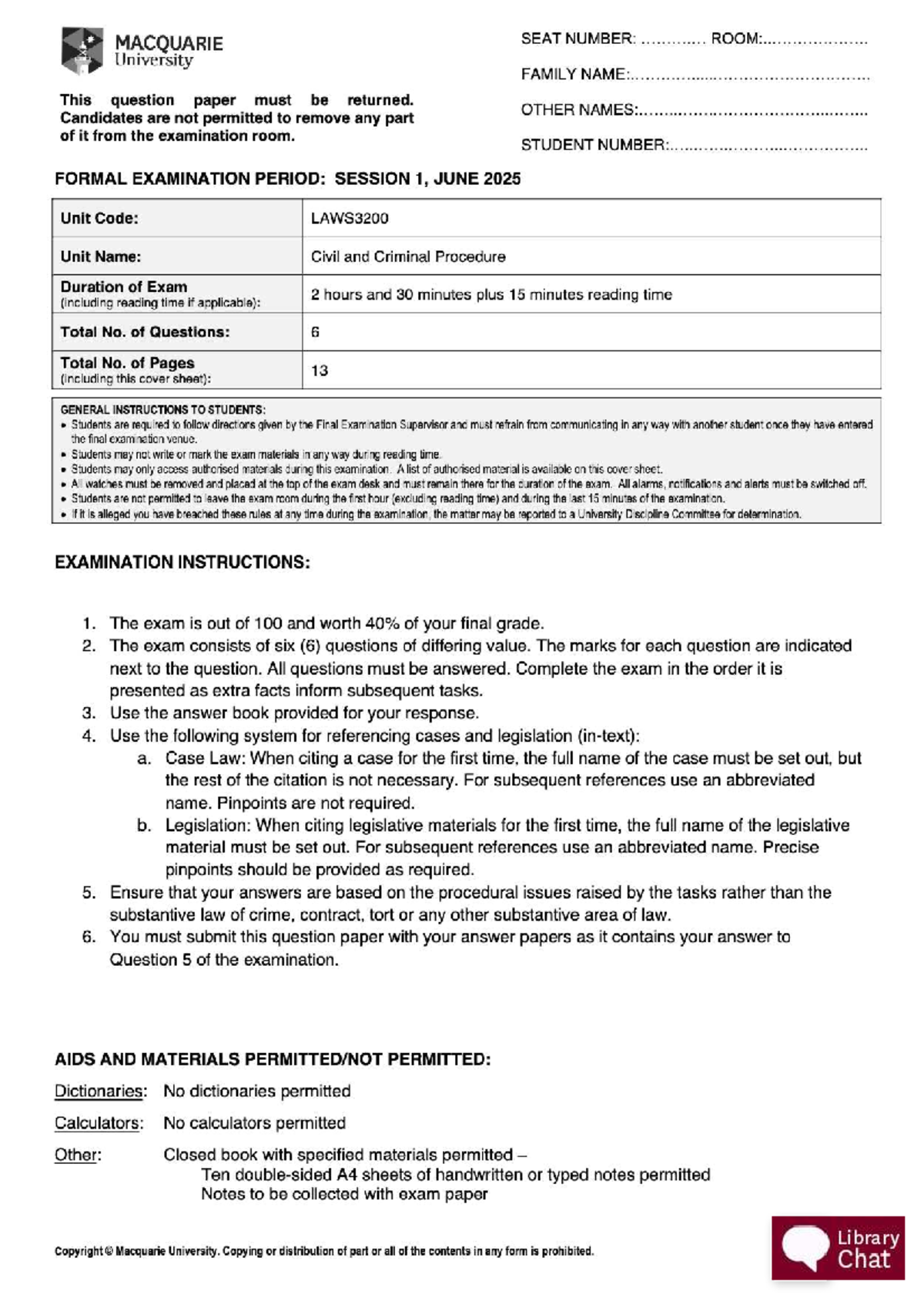 LAWS3200 - Final Exam Paper: Civil and Criminal Procedure 2025 - Studocu