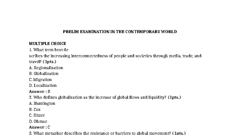 Prelim Exam MCQs on Globalization and Cultural Dynamics - Studocu
