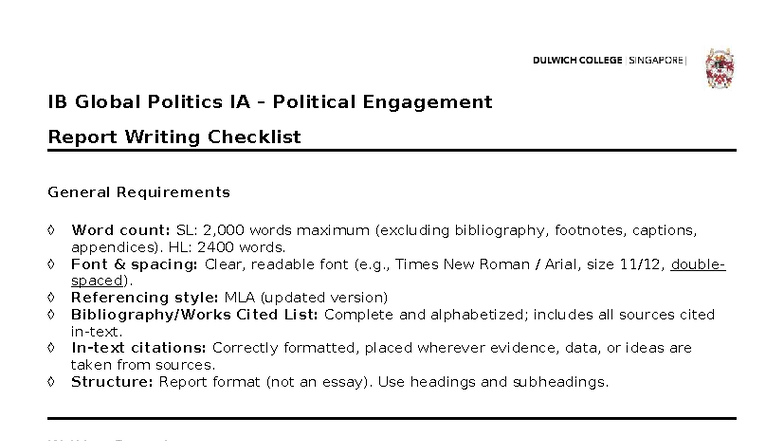 IB Global Politics IA: Political Engagement Report Writing Checklist ...