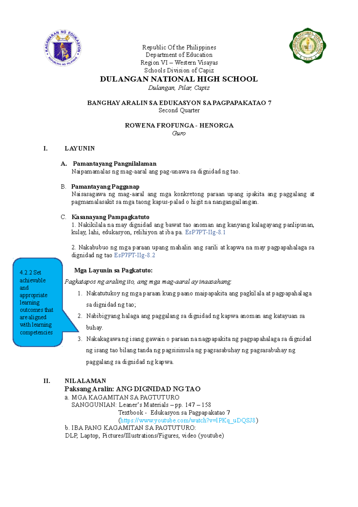 EsP 7-Q2-Detailed-Lesson-Plan on Human Dignity in Education - Studocu