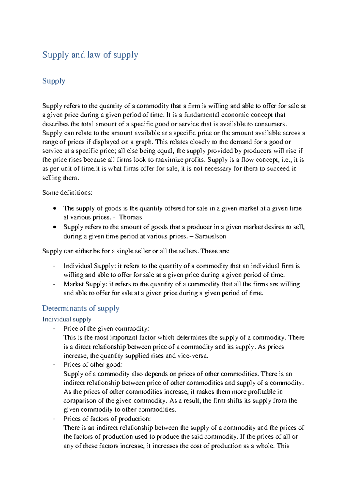 Supply and Law of Supply: Key Concepts and Determinants Explained - Studocu