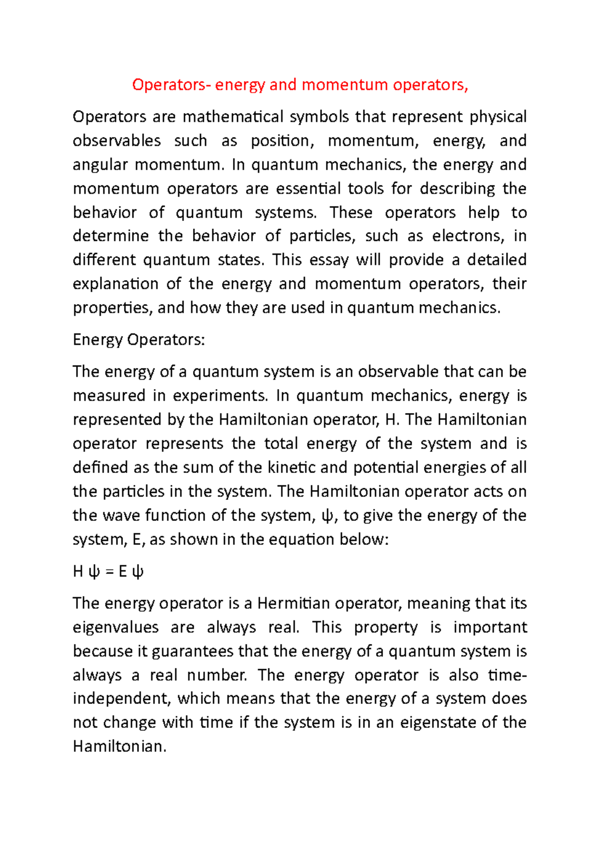 Energy & Momentum Operators in Quantum Mechanics: A Detailed Study ...