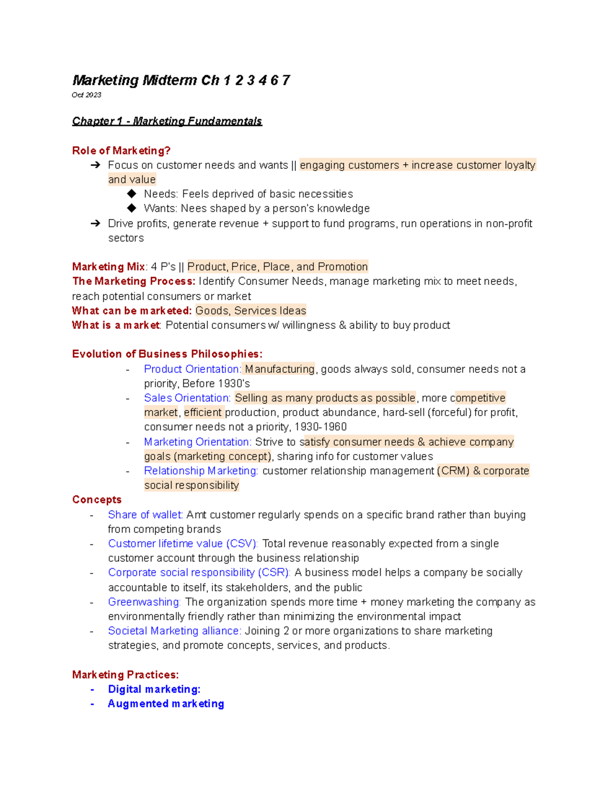 MKTG 2150 Midterm Review: Key Concepts from Chapters 1 to 7 - Studocu