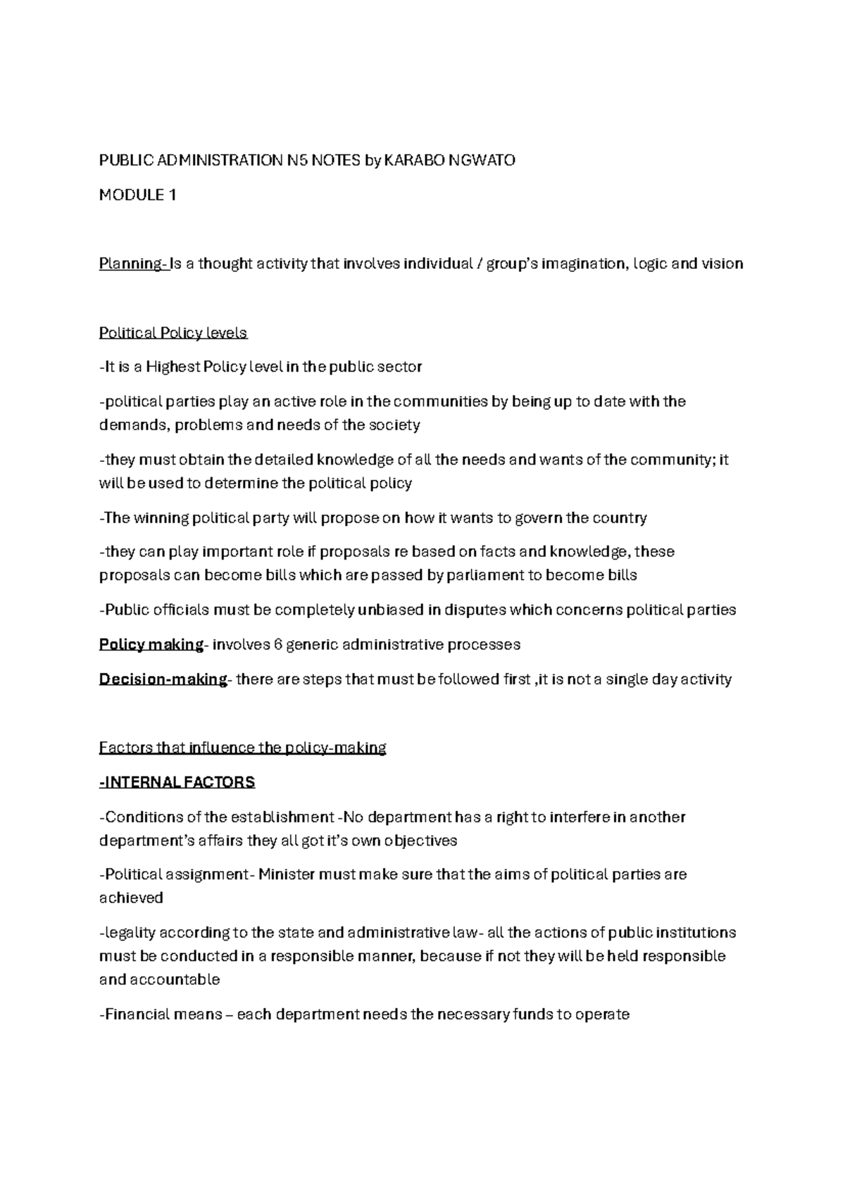 PUBLIC ADMINISTRATION N5 SELF-MADE NOTES BY KARABO NGWATO MODULE 1-4 ...