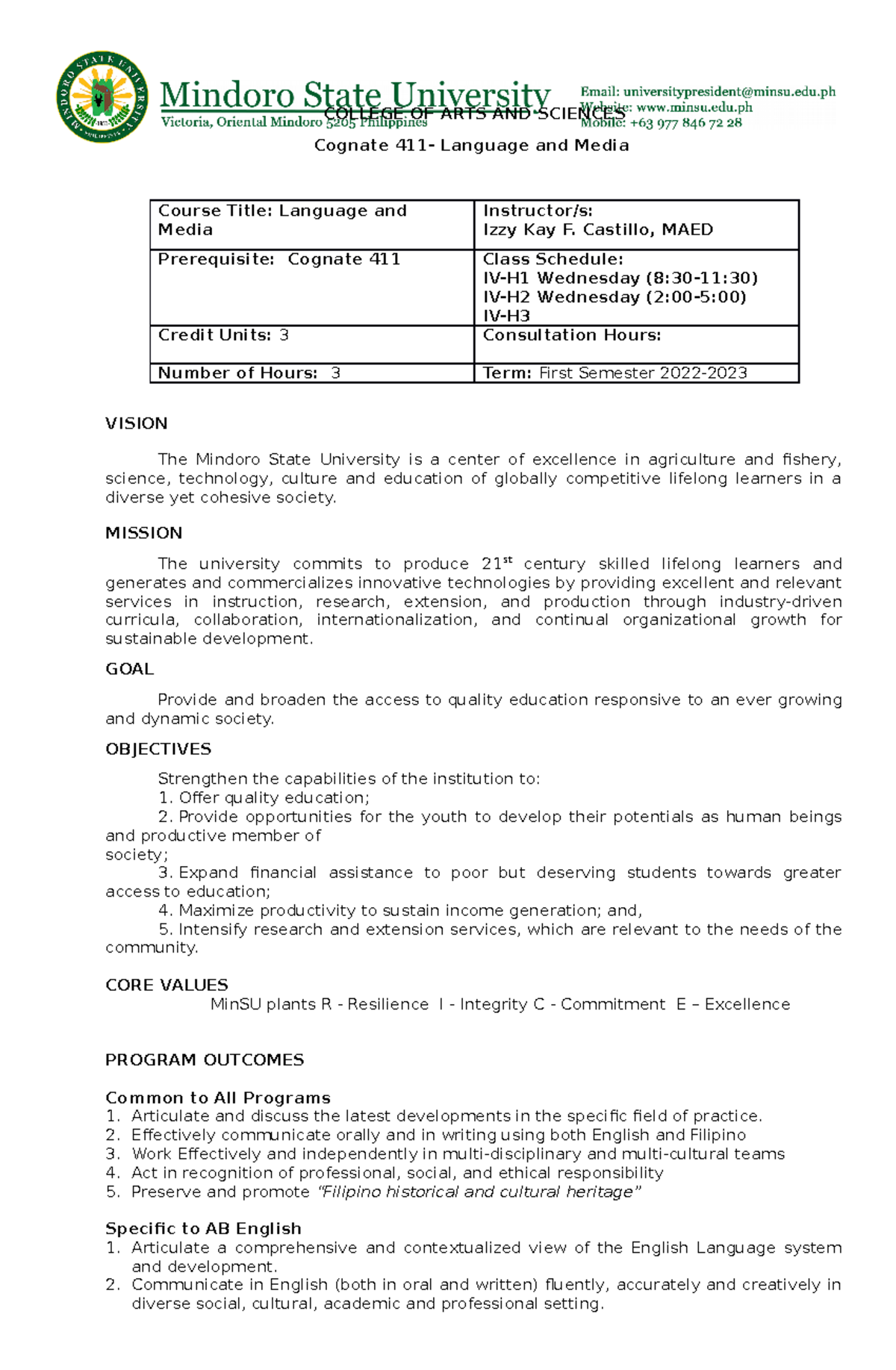 Cognate 411: Syllabus for Language and Media Course Overview - Studocu
