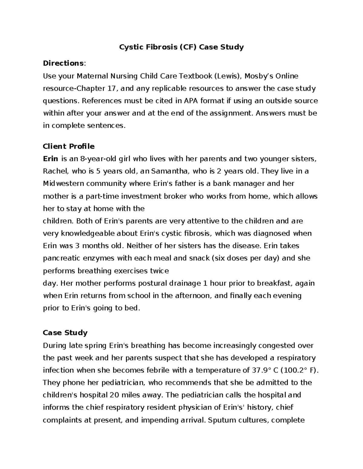 Cystic Fibrosis (CF) Case Study - Pediatric Patient Analysis - Studocu