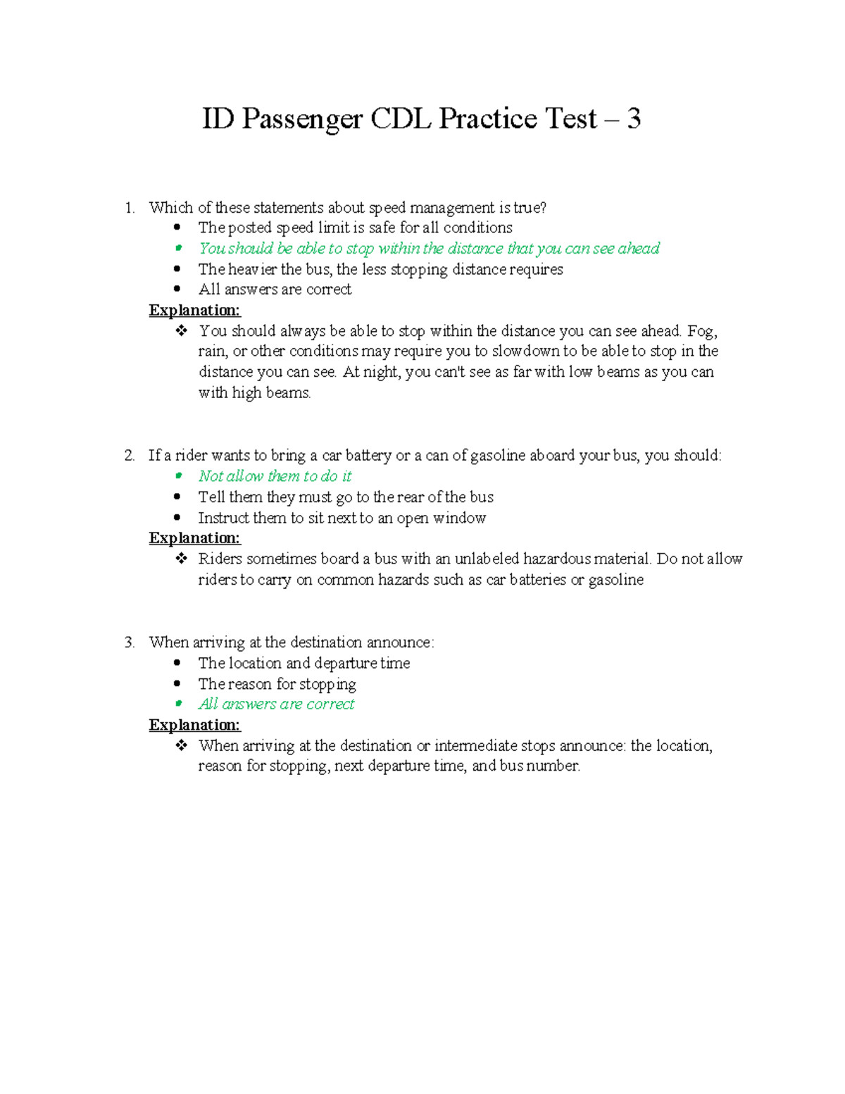 ID Passenger CDL Practice Test 3: Key Concepts & Safety Tips - Studocu