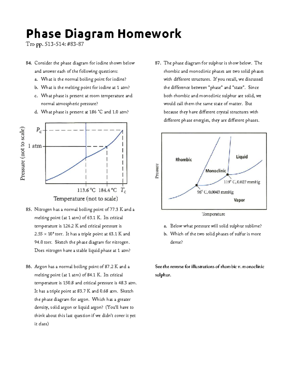 Phase Diagram Homework - Tro pp. 513-514 83 - 87 - Phase Diagram ...