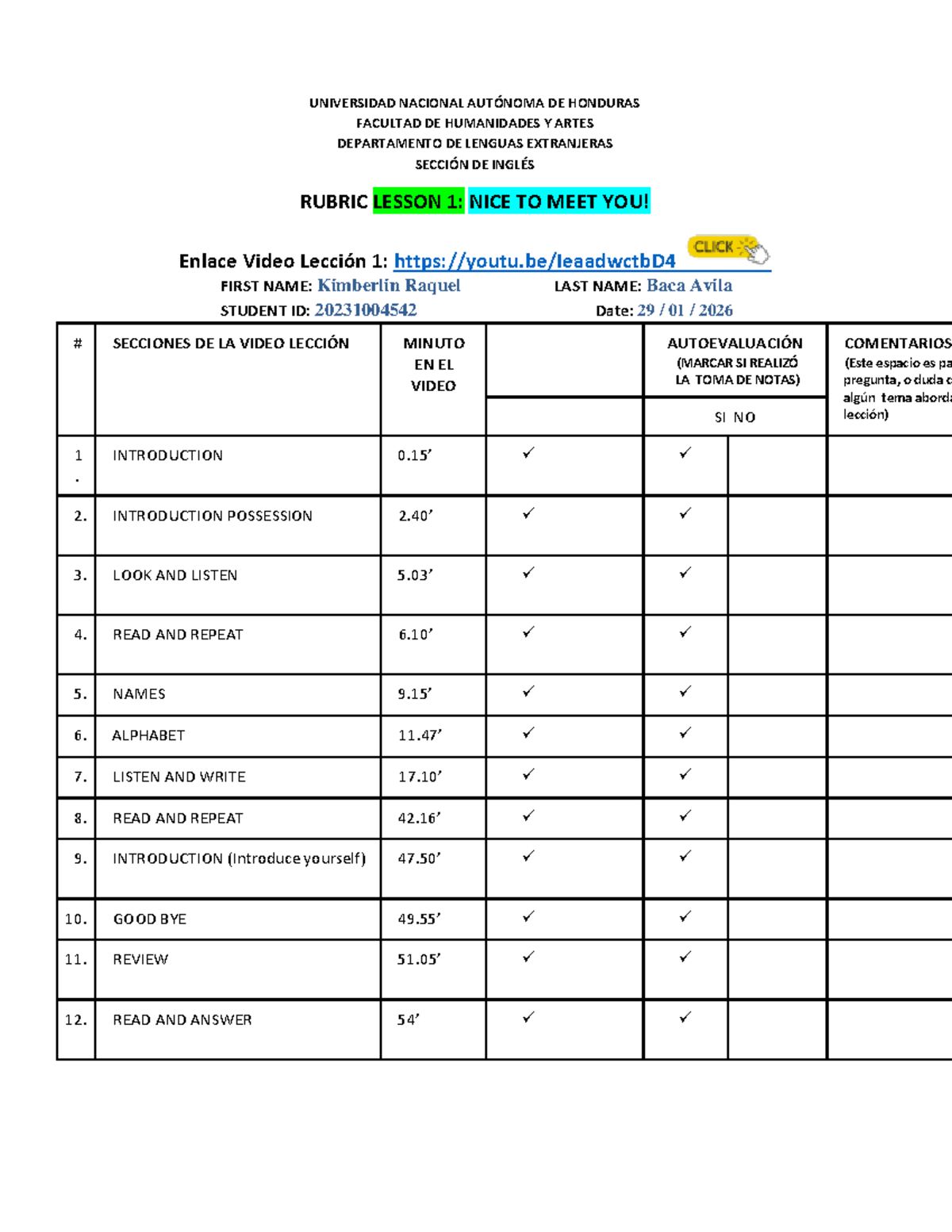U1T1a1: Lesson 1 Rubric - Nice to Meet You! (2023) - Studocu