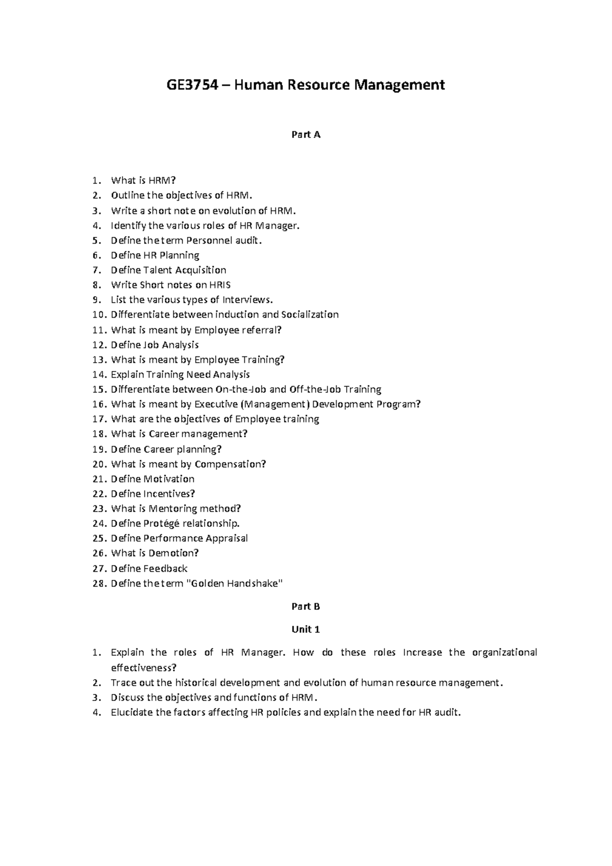 GE3754 - HRM - Question Bank & Notes for Human Resource Management ...