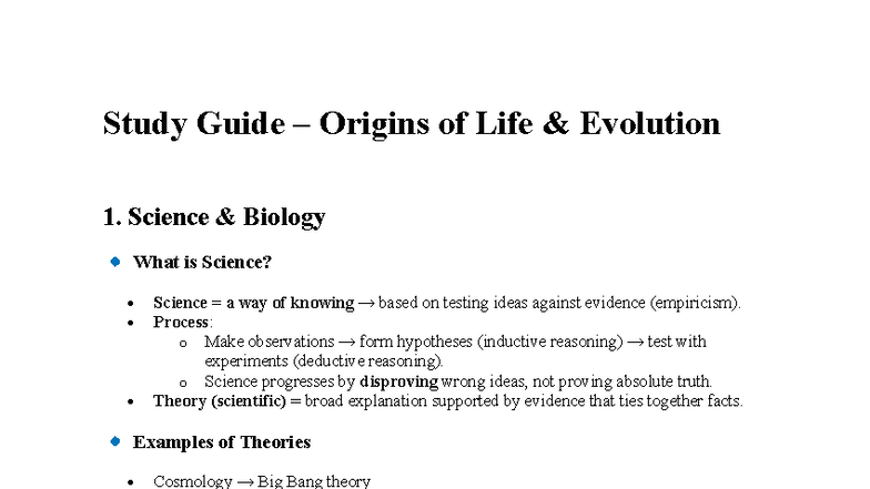 Ch 1-3 Study Guide: Origins of Life & Evolution (Bio 101) - Studocu