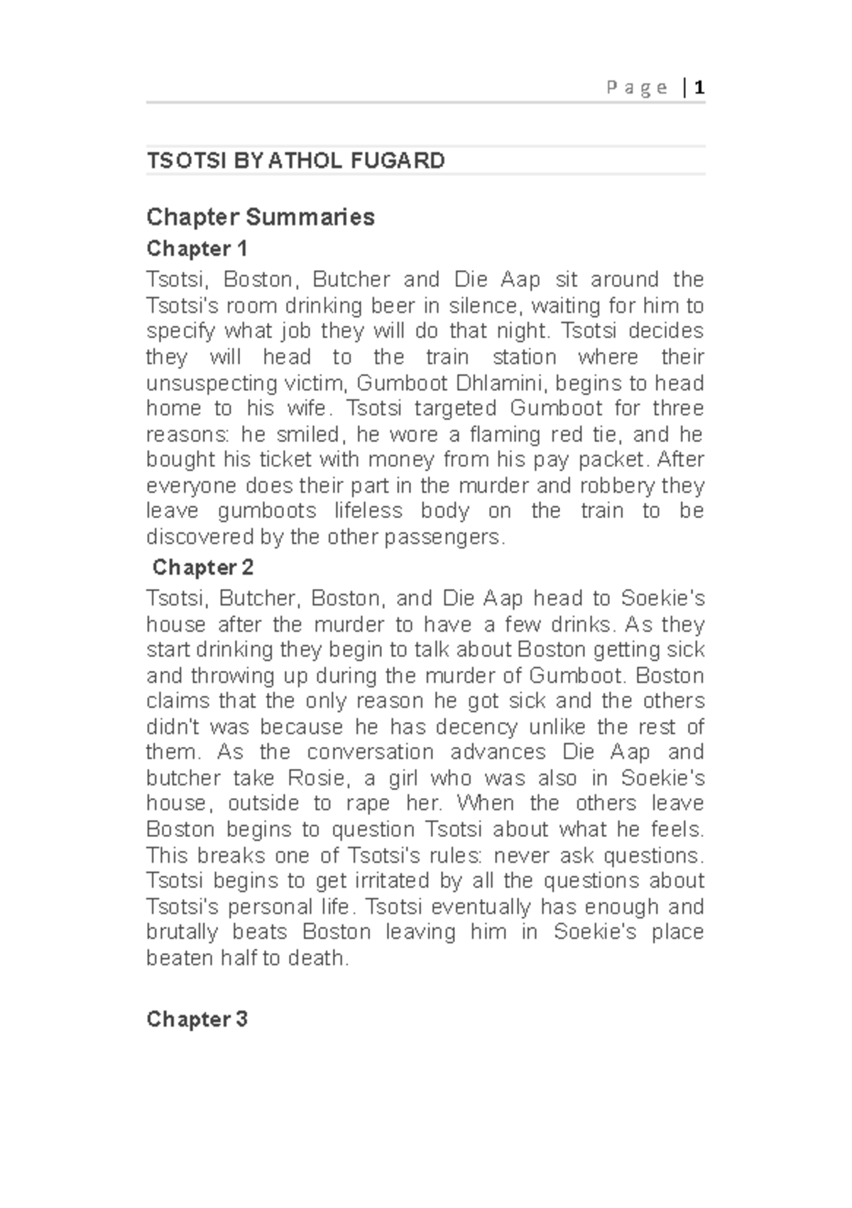 Eng HL Gr 11 Final Exam Notes - Tsotsi Novel Analysis - Studocu