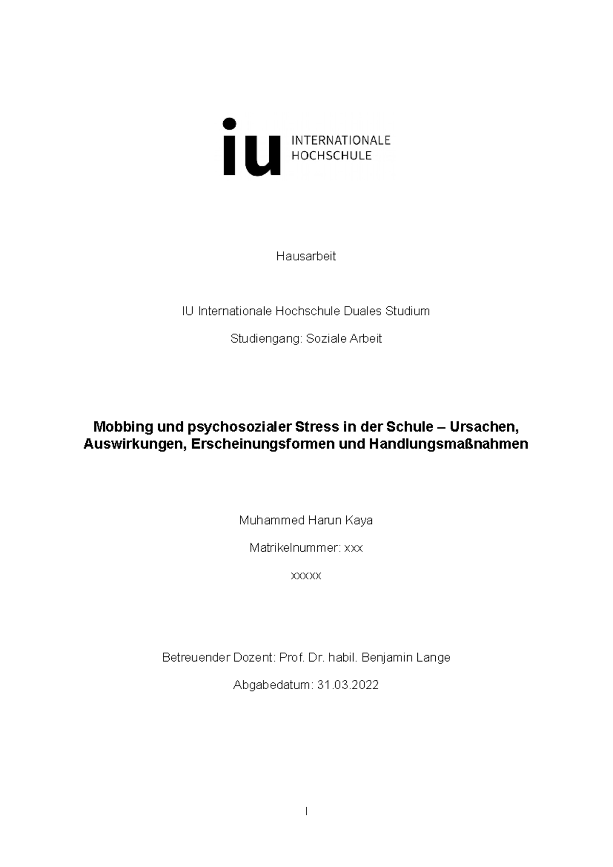 Hausarbeit IU Internationale Hochschule Duales Studium: Mobbing und ...