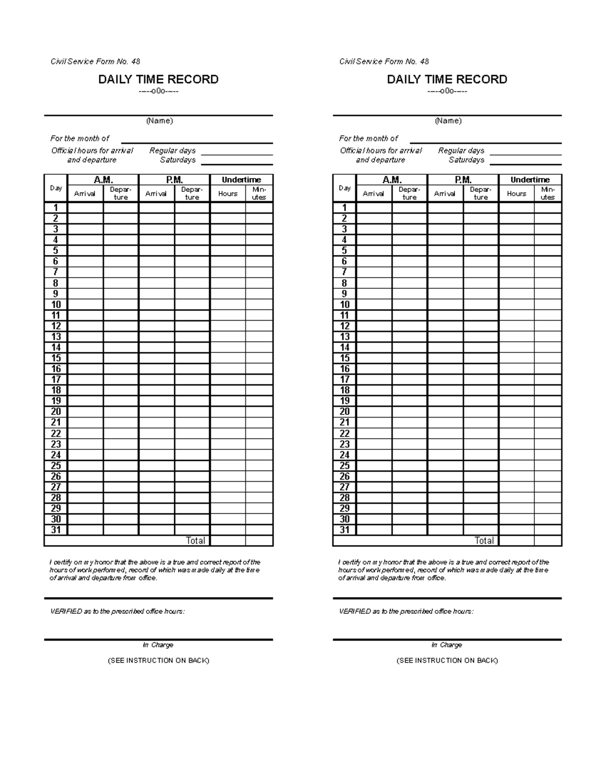 CSC Form 48 DTR: Monthly Civil Service Daily Time Record Template - Studocu