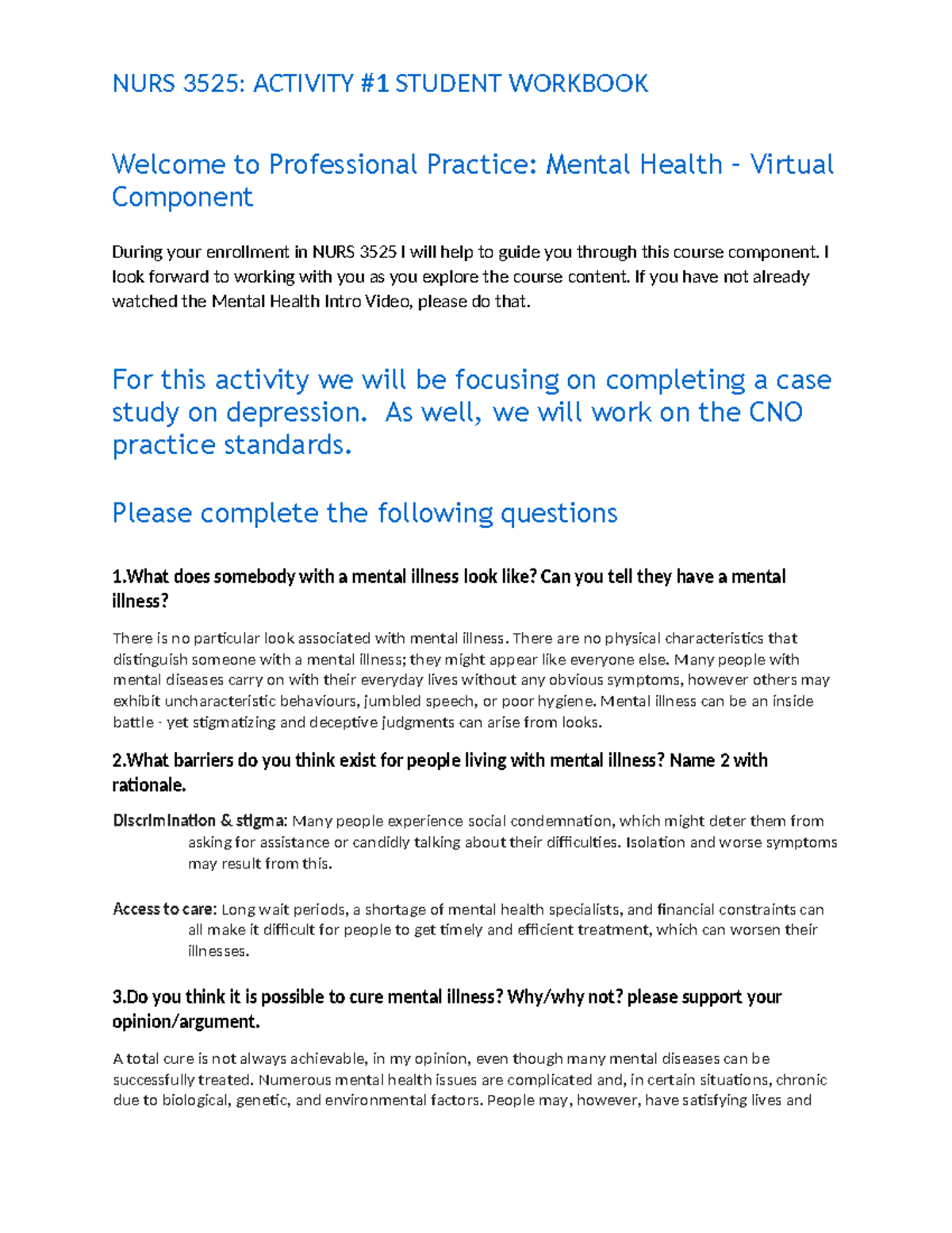 Activity #1 Student Workbook - Welcome to Professional Practice: Mental ...