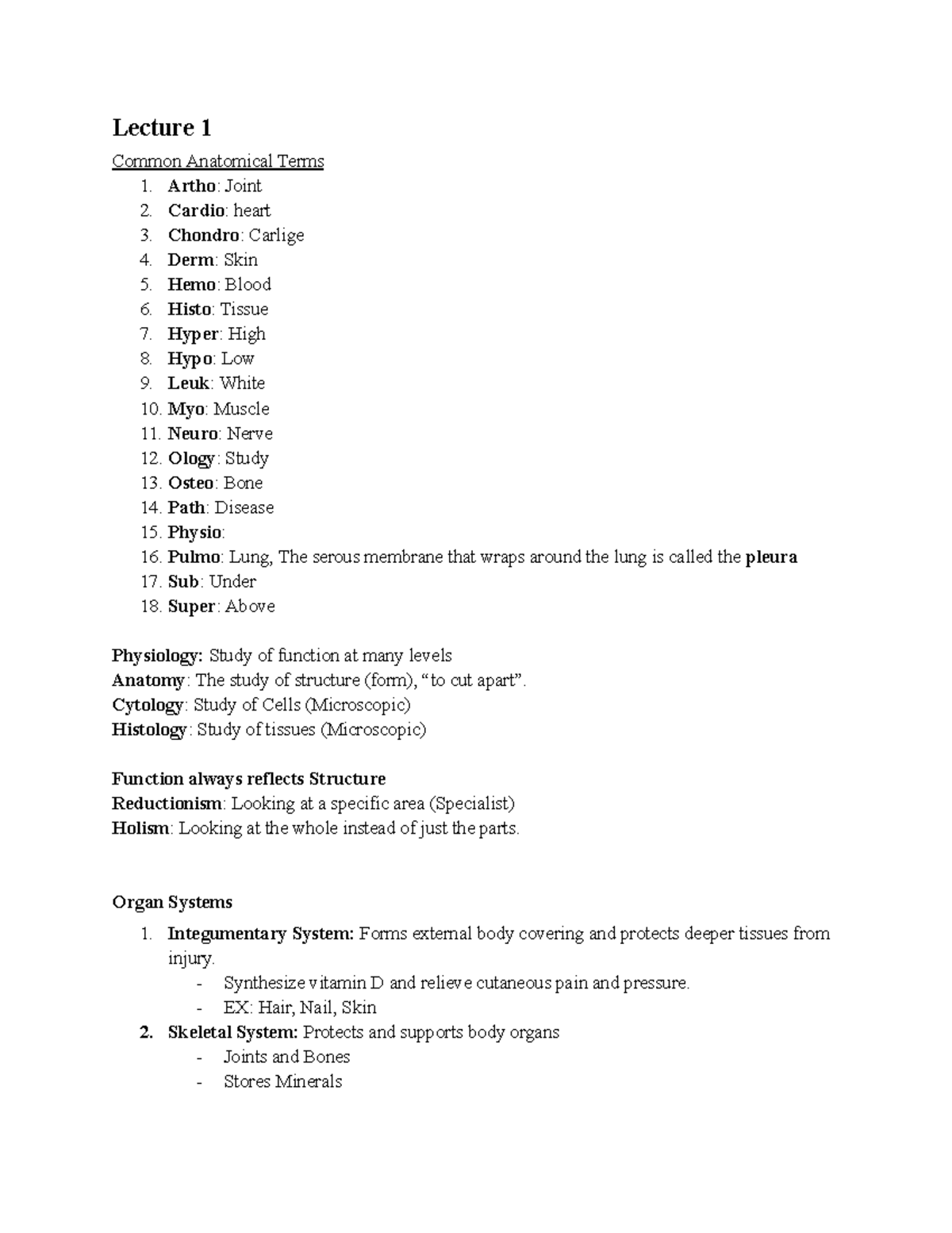 Han200 - Lecture 1: Common Anatomical Terms and Organ Systems - Studocu
