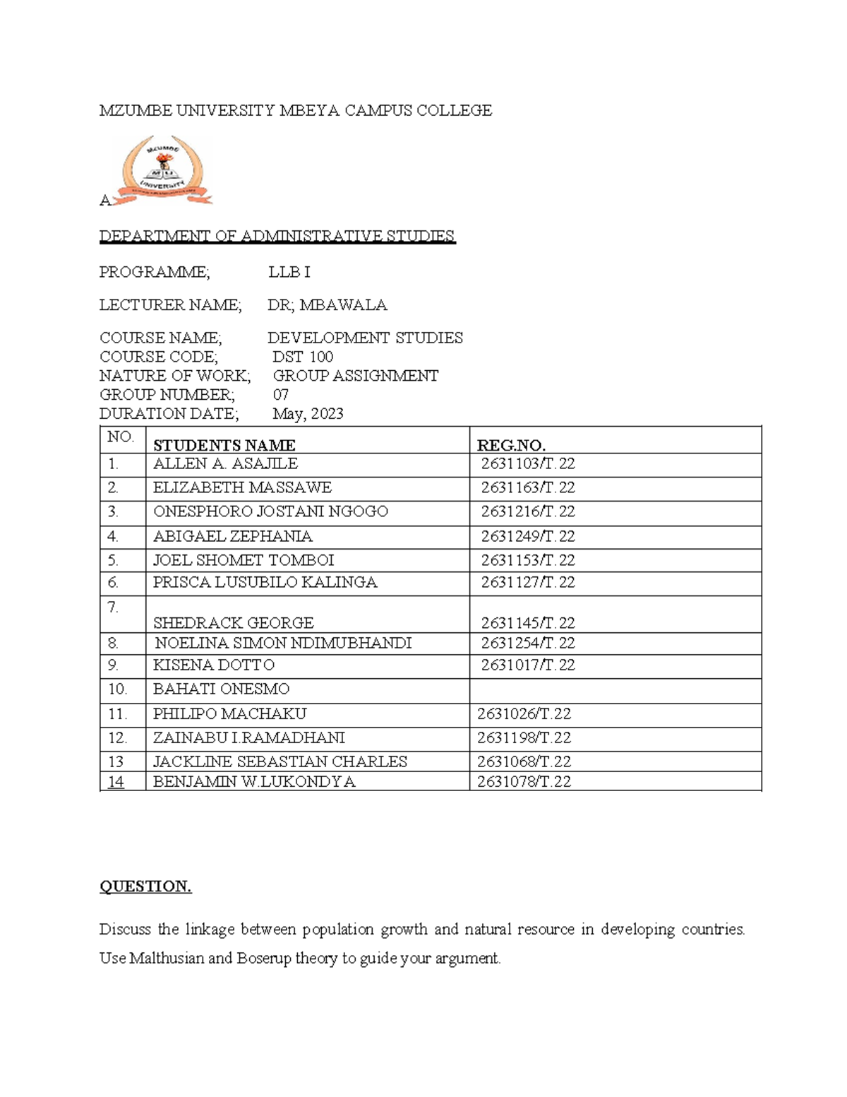 DST Group 07 original work - MZUMBE UNIVERSITY MBEYA CAMPUS COLLEGE A ...