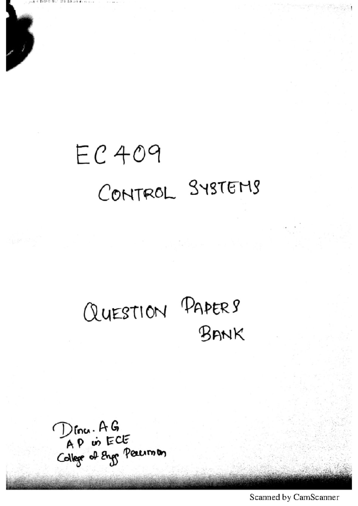 Control System Previous YEAR Question BANK - EC 409 CONTROL SYSTEMS ...