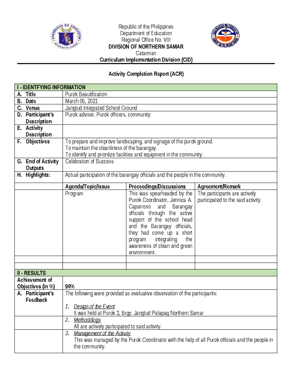 ACR- Purok Beautification Activity Completion Report - Studocu