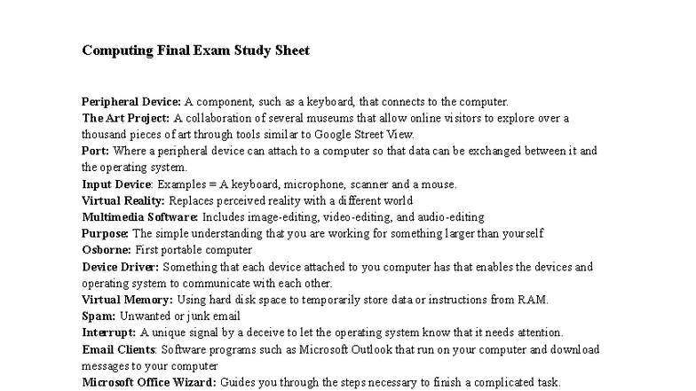 Computing 101: Final Exam Study Sheet on Peripheral Devices - Studocu
