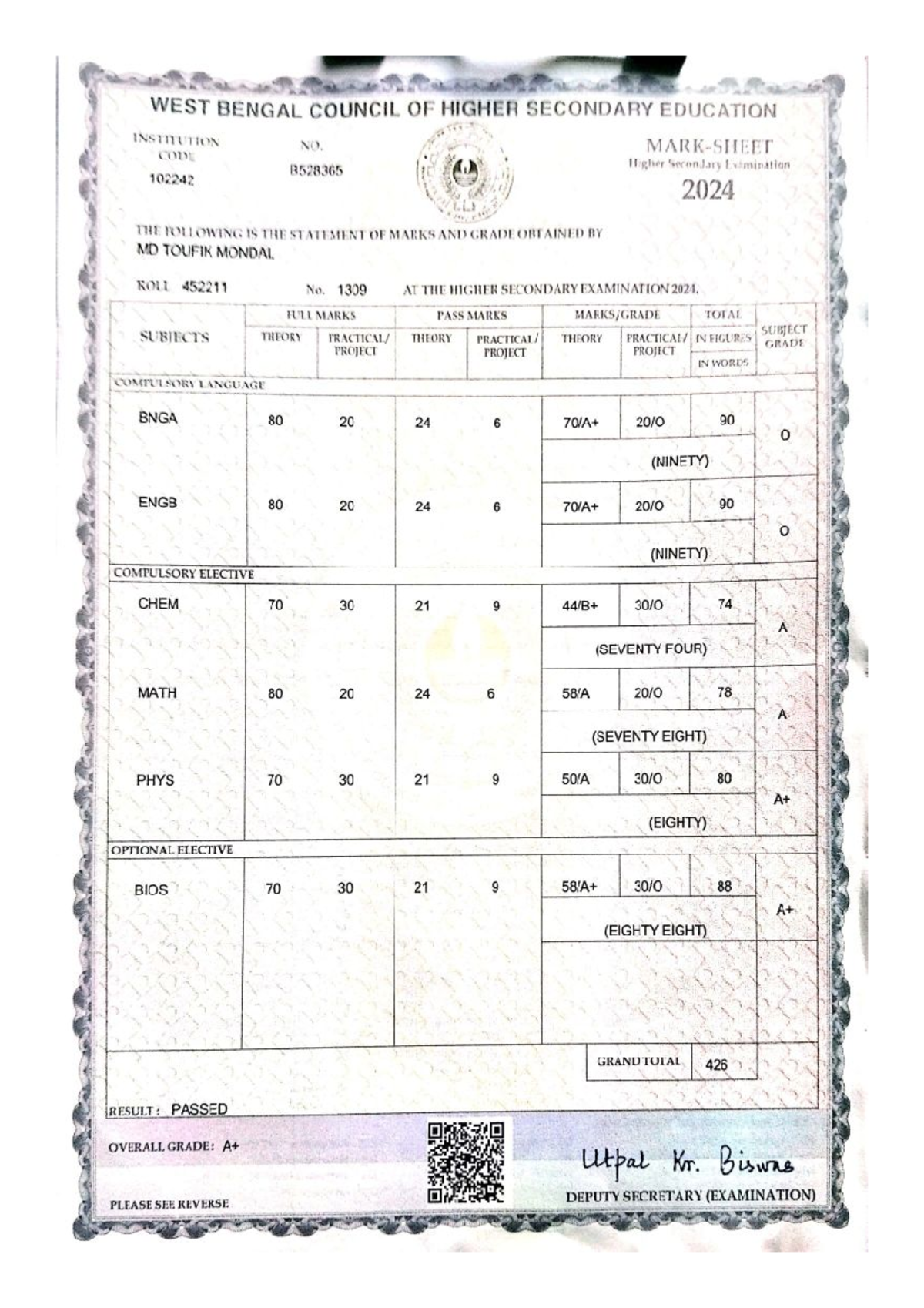 12th mark sheet - I am a BALLB student - WEST BENGAL COUNCIL OF HIGHER ...