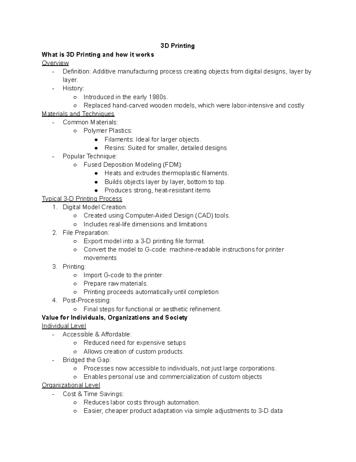 Test 3 study guide - Test 3 case notes and slides - 3D Printing What is ...