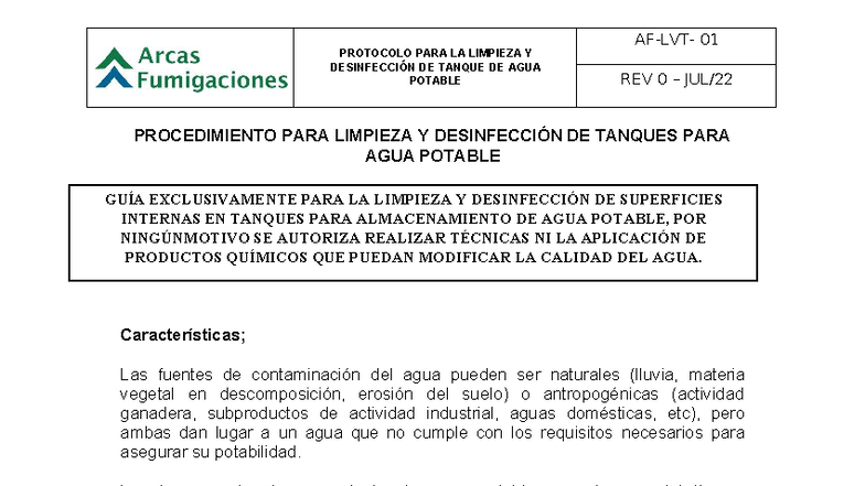 PROTOCOLO DE LIMPIEZA Y DESINFECCIÓN DE TANQUES DE AGUA POTABLE 01 REV 0 - Studocu