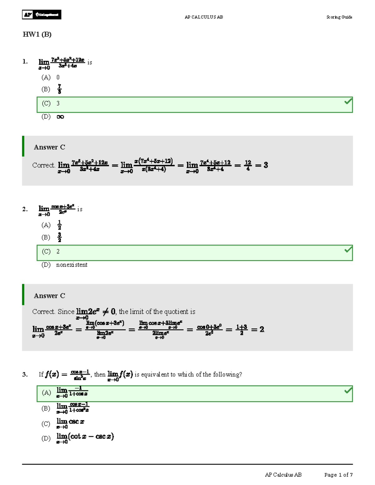 AP CALCULUS AB HW1 Scoring Guide and Practice Solutions - Studocu