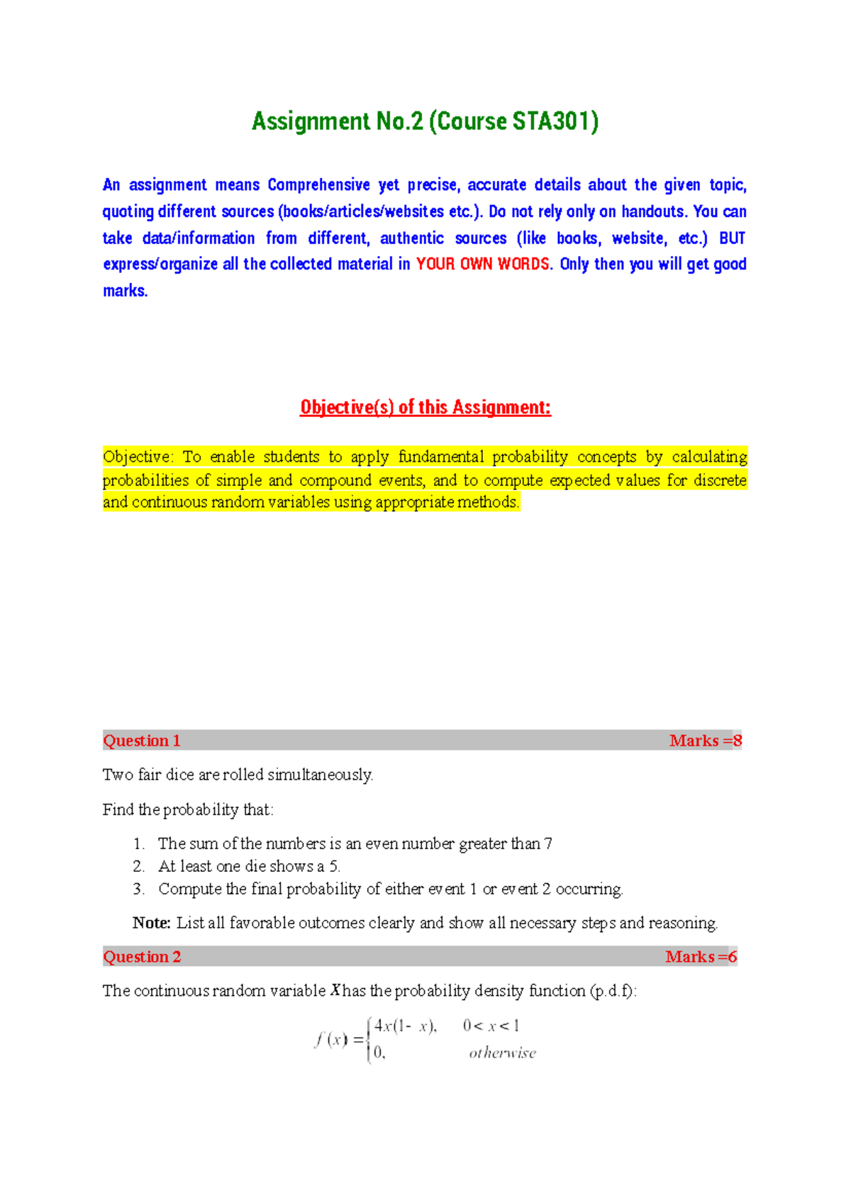 Fall 2025 STA301 - Assignment No. 2: Probability Concepts and ...
