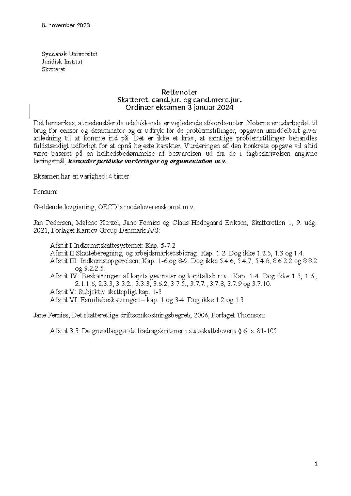 Skatteret, cand.jur. og cand.merc.jur. Ordinær eksamen 3. januar 2024 ...