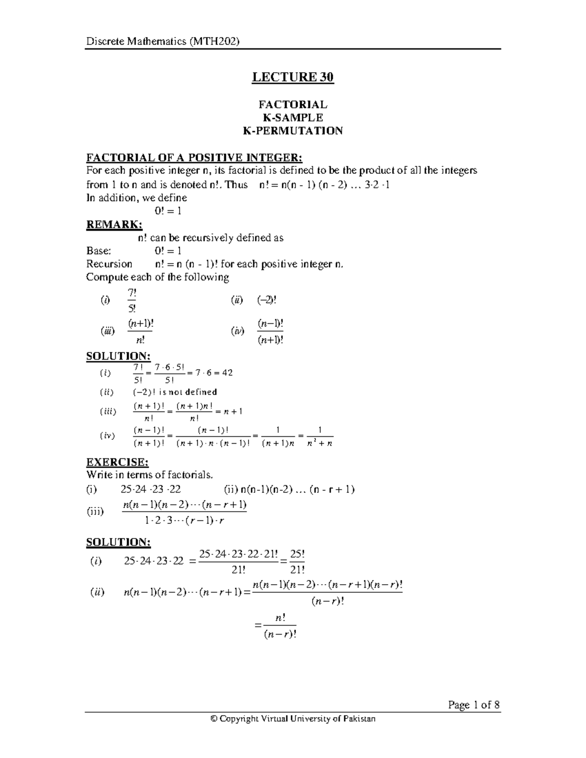 Discrete Mathematics (MTH202) Lecture 30: Factorials and Counting ...
