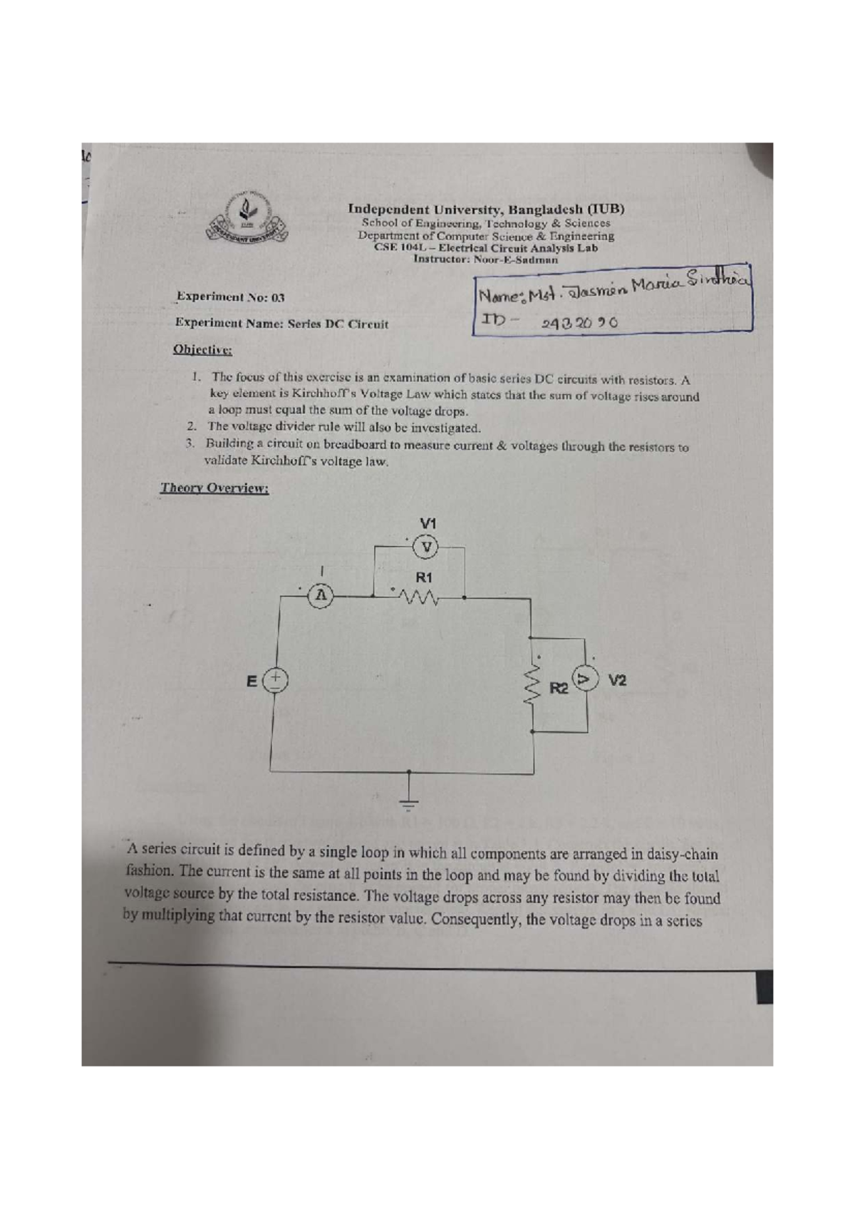 CSE 104L Series DC Circuit Lab Report - Experiment No. 03 - Studocu