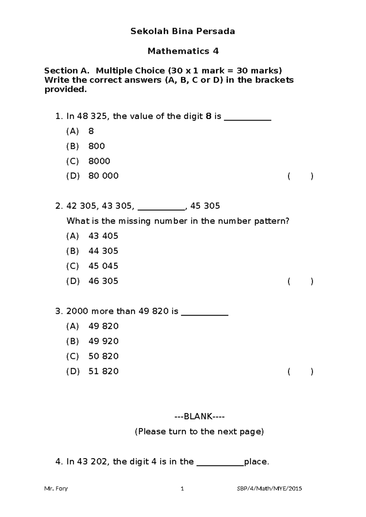 P4 Math MYE AY1516 - Multiple Choice & Short Answer Questions - Studocu