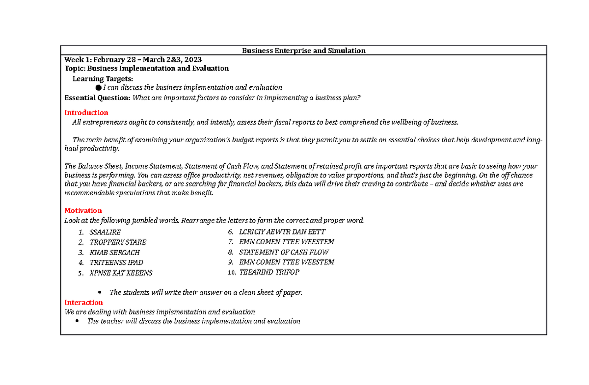 BES 1 - lesson plan - Business Enterprise and Simulation Week 1 ...