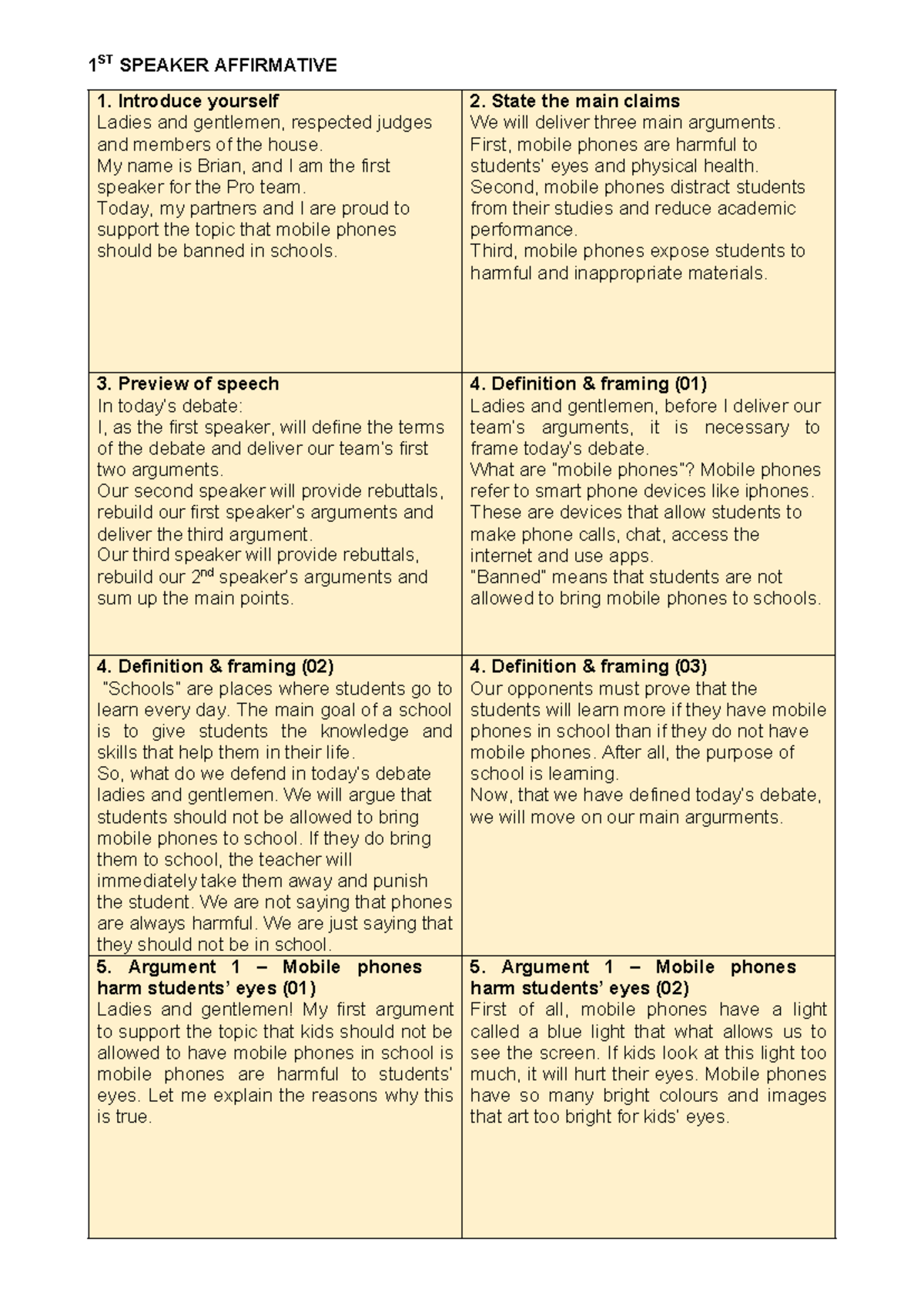 1ST SPEAKER AFFIRMATIVE: Mobile Phones Ban Debate (Course Code: HJGHJ ...