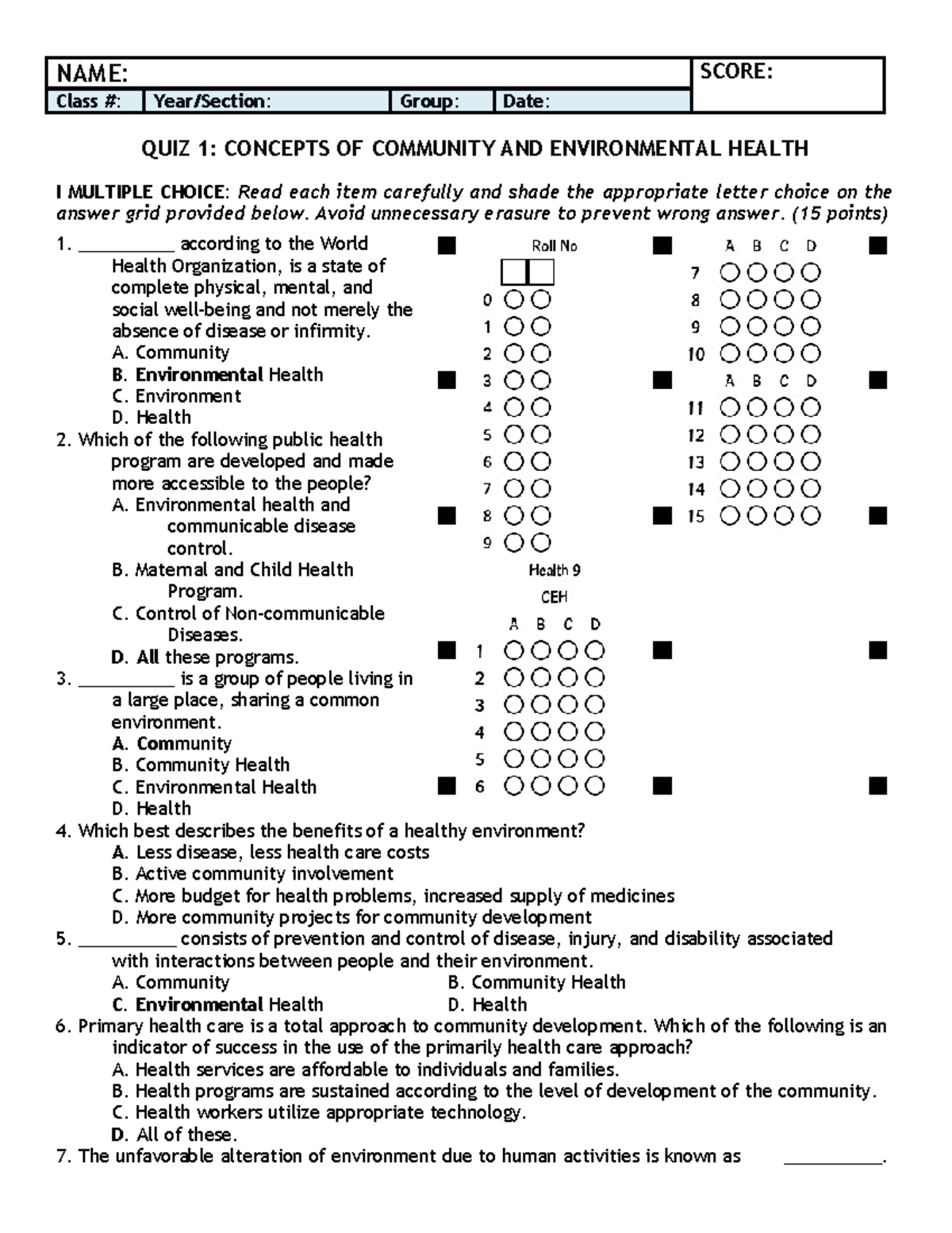 Health 9 Quiz 1: Community & Environmental Health Concepts Review - Studocu