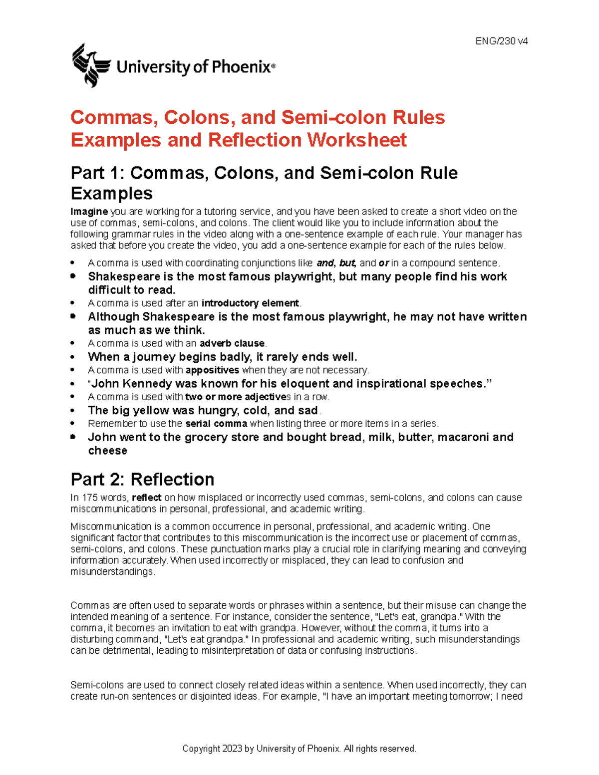 ENG/230 v4 Week 4: Commas, Colons, & Semicolons Rules & Reflection ...