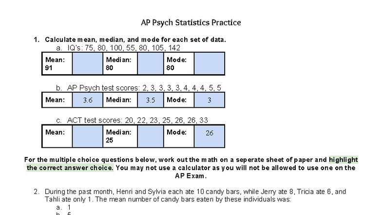 AP Psych Stats Practice Sheet 1: Mean, Median, Mode Calculations - Studocu