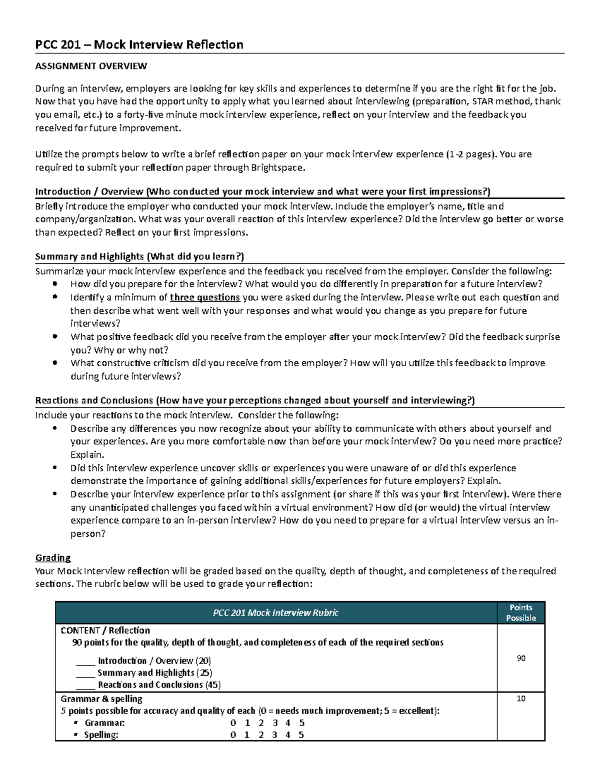 PCC 201 Mock Interview Reflection - Now that you have had the ...
