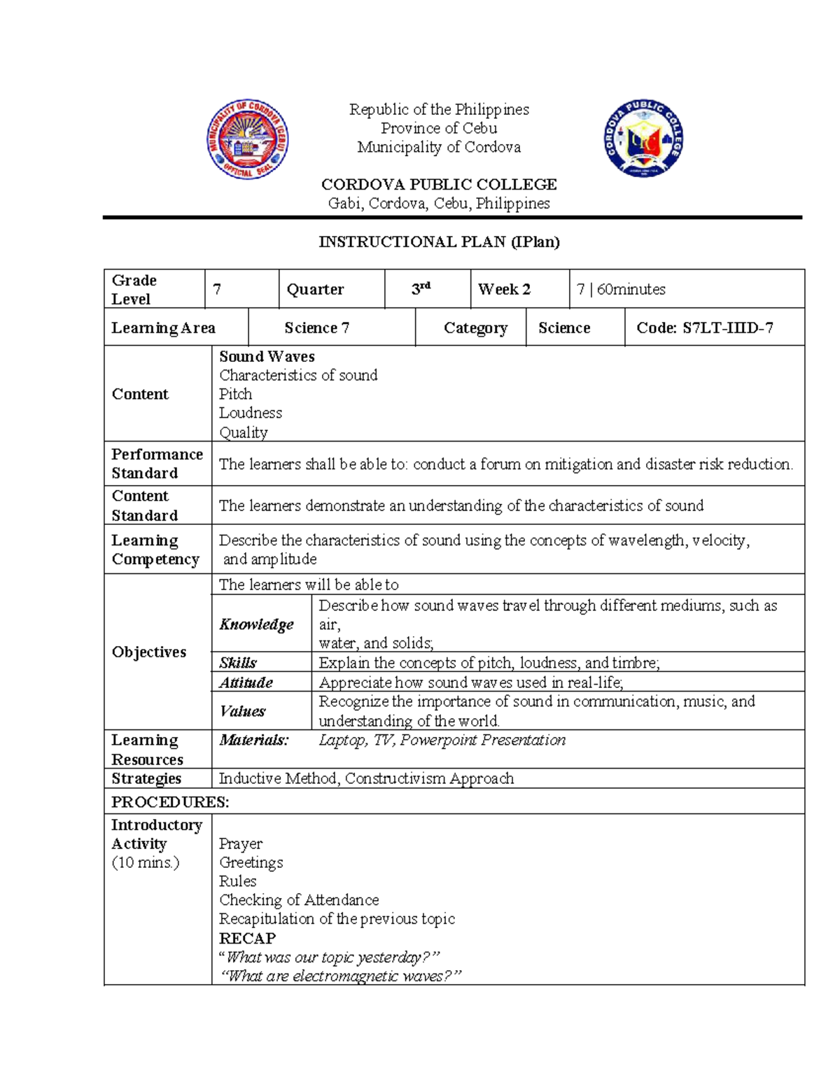 GR. 7 Science Lesson Plan: Sound Waves Characteristics DLP No. 3 - Studocu