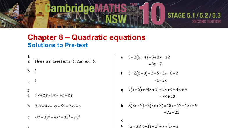 Chapter 8 Worked Solutions for Quadratic Equations - Studocu