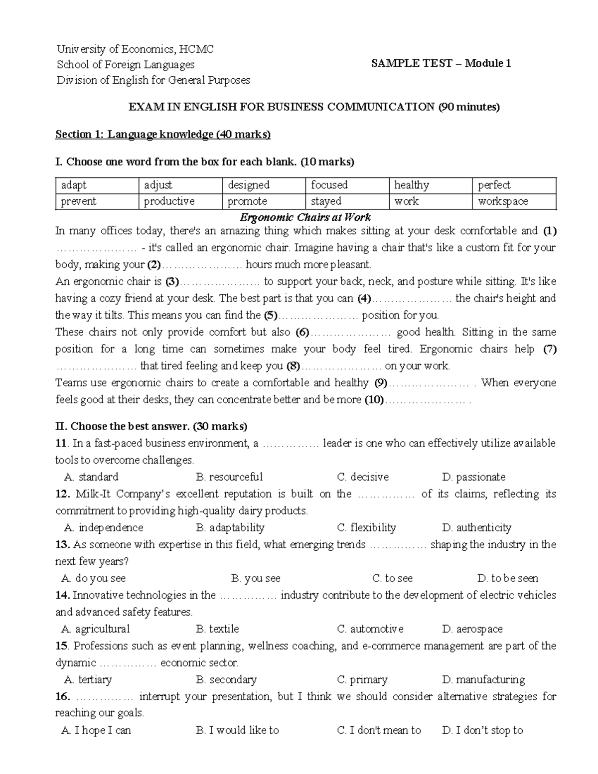 2024 Sample Test Module 1: Exam in English for Business Communication ...
