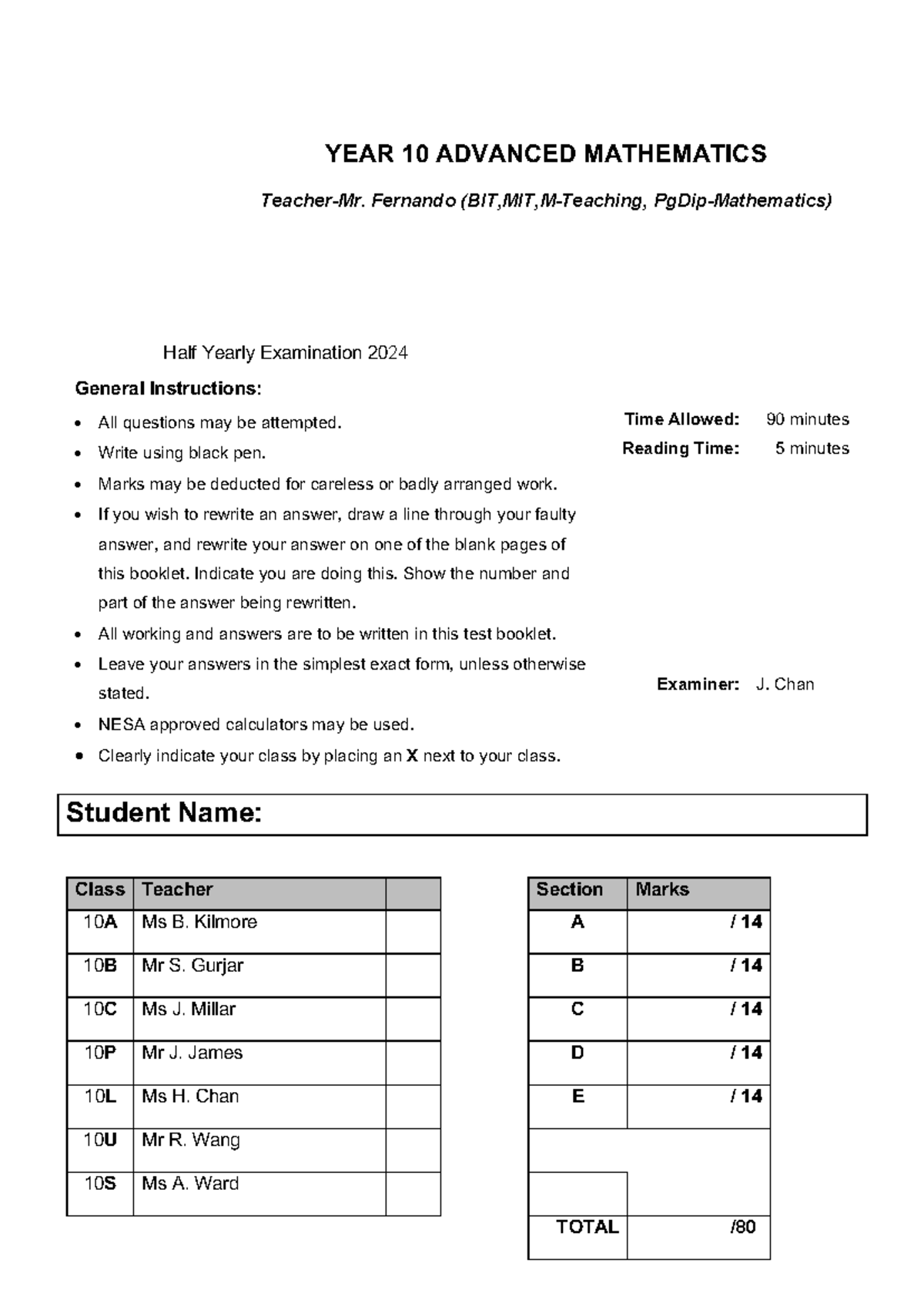 Year 10 Advanced Mathematics Half Yearly Exam 2024 (1020ENG) - Studocu