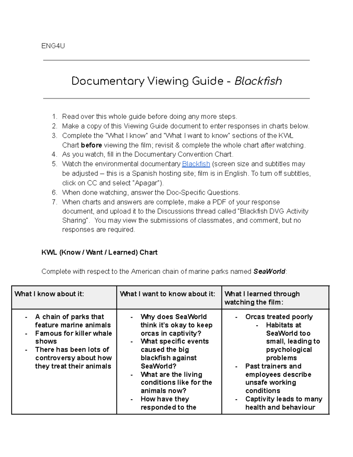 ENG4U - Documentary Viewing Guide for Blackfish Analysis - Studocu